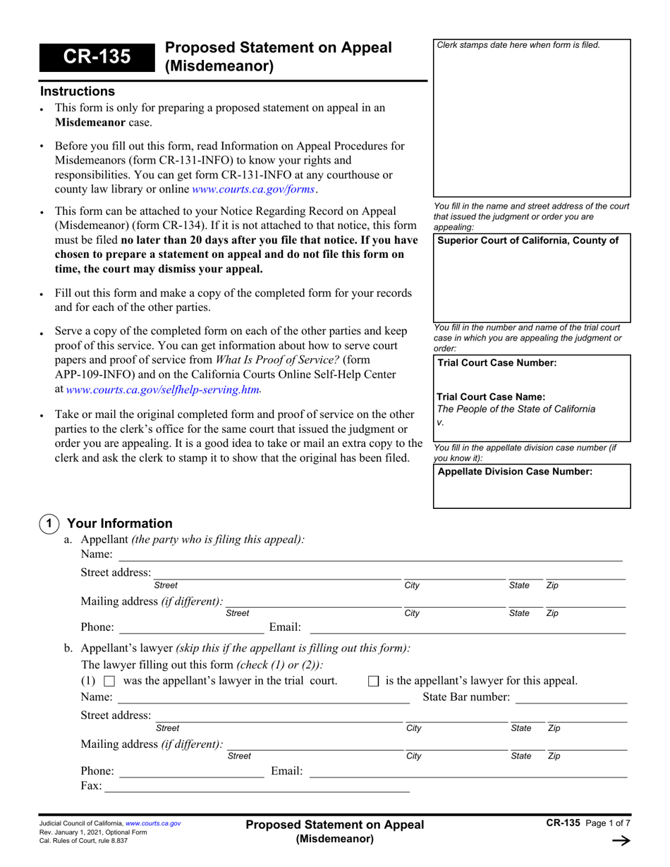 Form CR-135 Download Fillable PDF or Fill Online Proposed Statement on ...