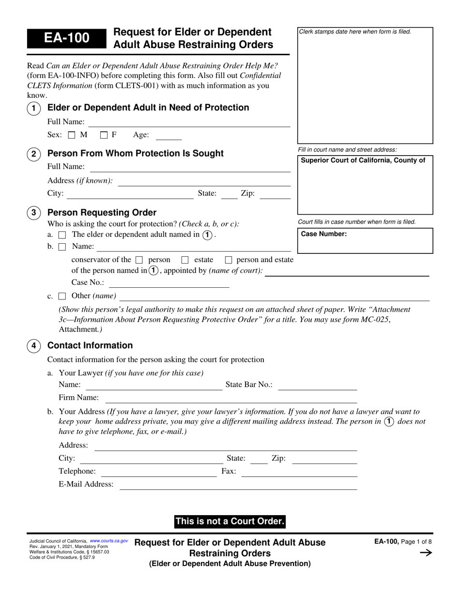 Form EA-100 Download Fillable PDF or Fill Online Request for Elder or ...