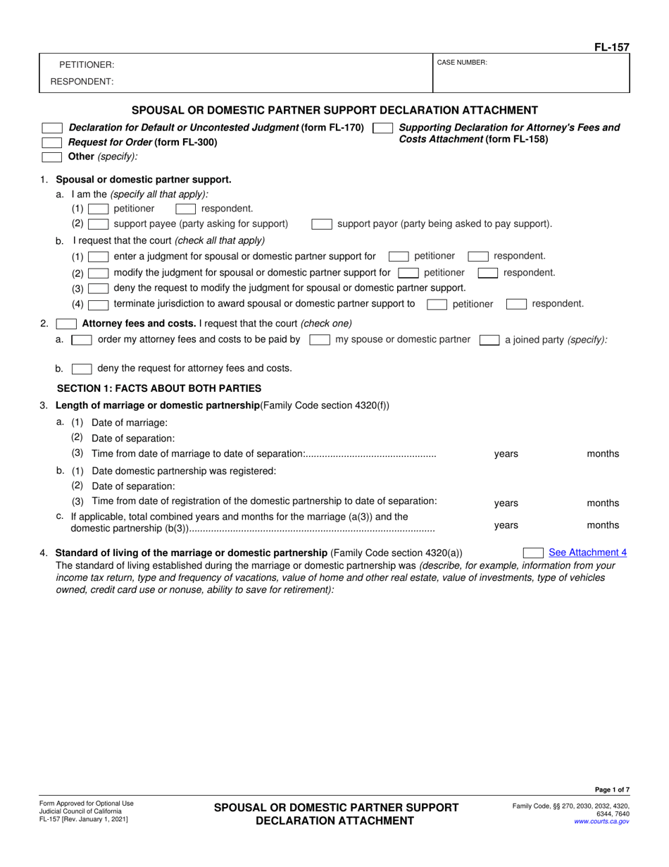 Form FL-157 Download Fillable PDF or Fill Online Spousal or Domestic ...