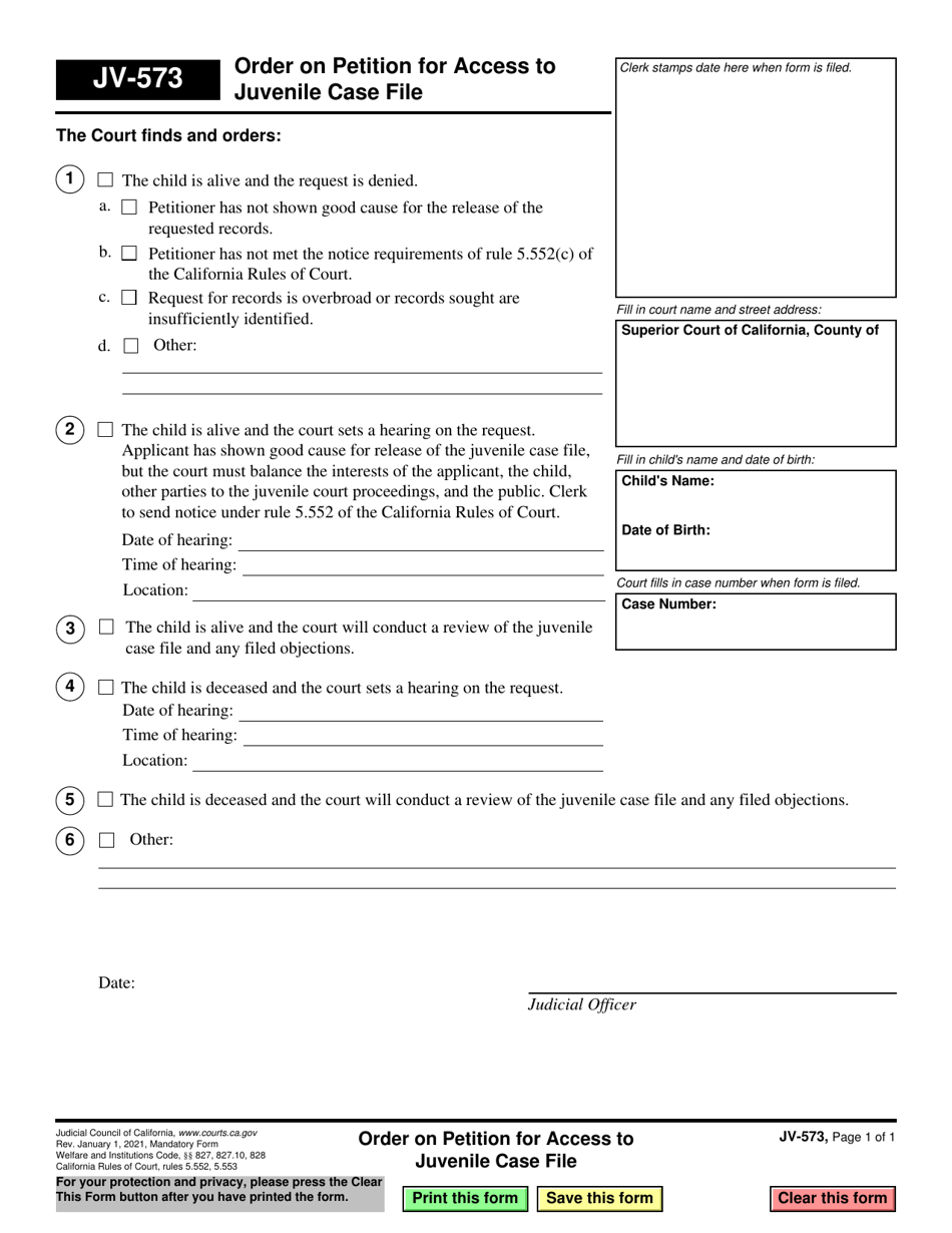 Form JV-573 Download Fillable PDF or Fill Online Order on Petition for ...