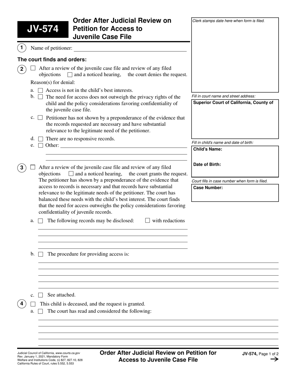 Form JV-574 Download Fillable PDF or Fill Online Order After Judicial ...