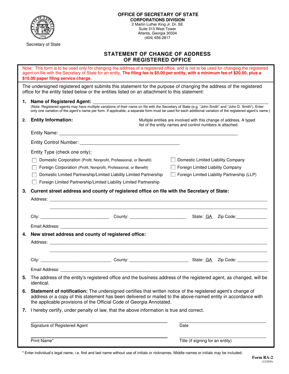 Form RA-2 Download Fillable PDF or Fill Online Statement of Change of ...