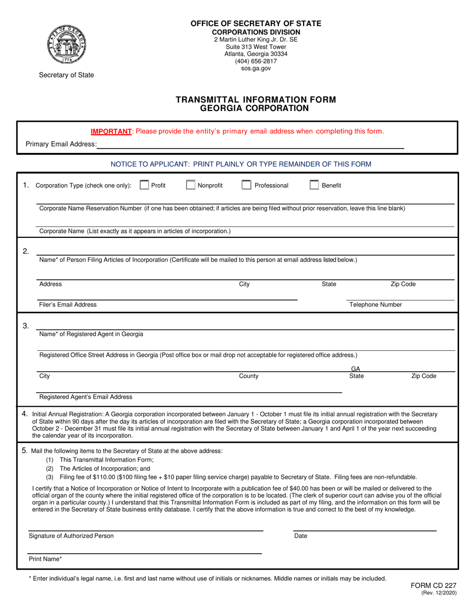 Form CD227 Download Fillable PDF or Fill Online Transmittal Information ...