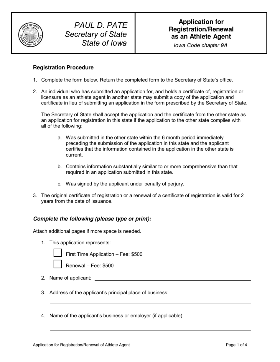 Iowa Application for Registration/Renewal as an Athlete Agent - Fill ...