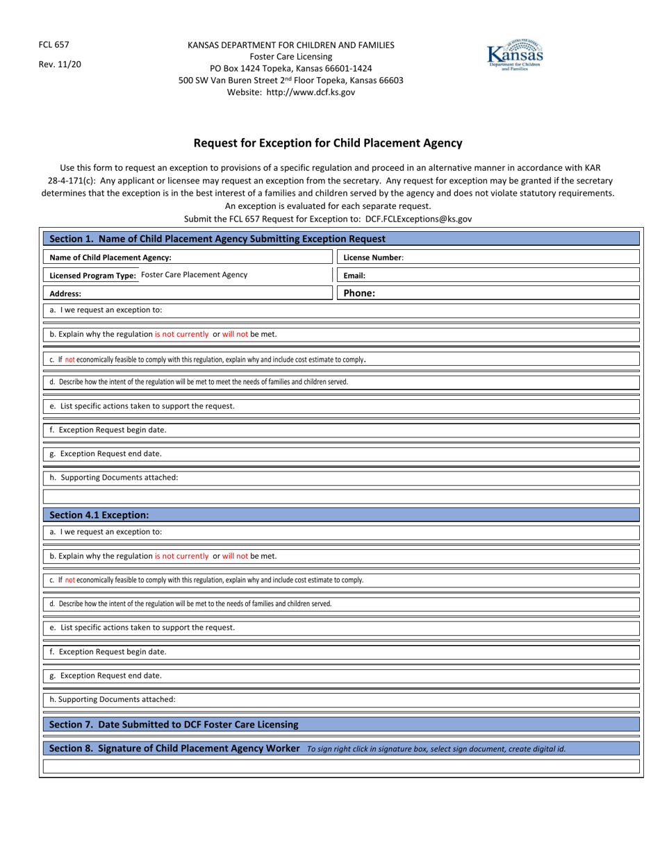 Form FCL657 Download Fillable PDF or Fill Online Request for Exception for Child Placement ...