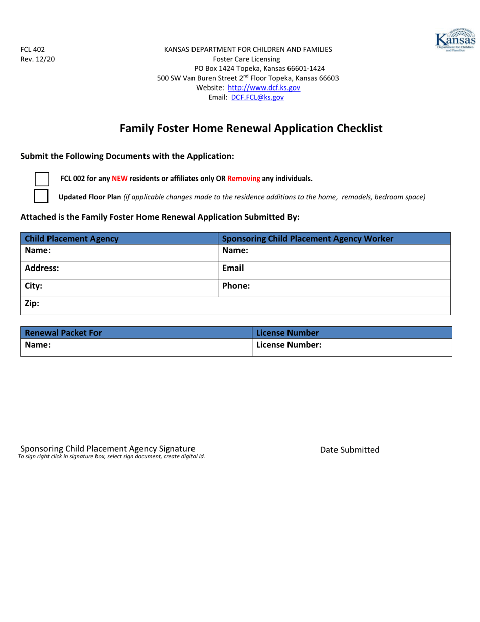 Form FCL402 - Fill Out, Sign Online and Download Fillable PDF, Kansas ...