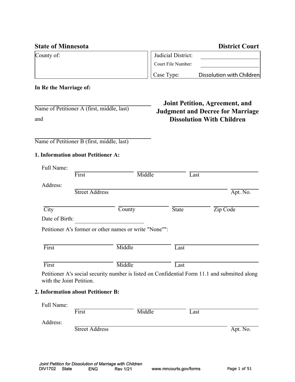 Form DIV1702 Download Fillable PDF or Fill Online Joint Petition, Agreement, and Judgment and ...
