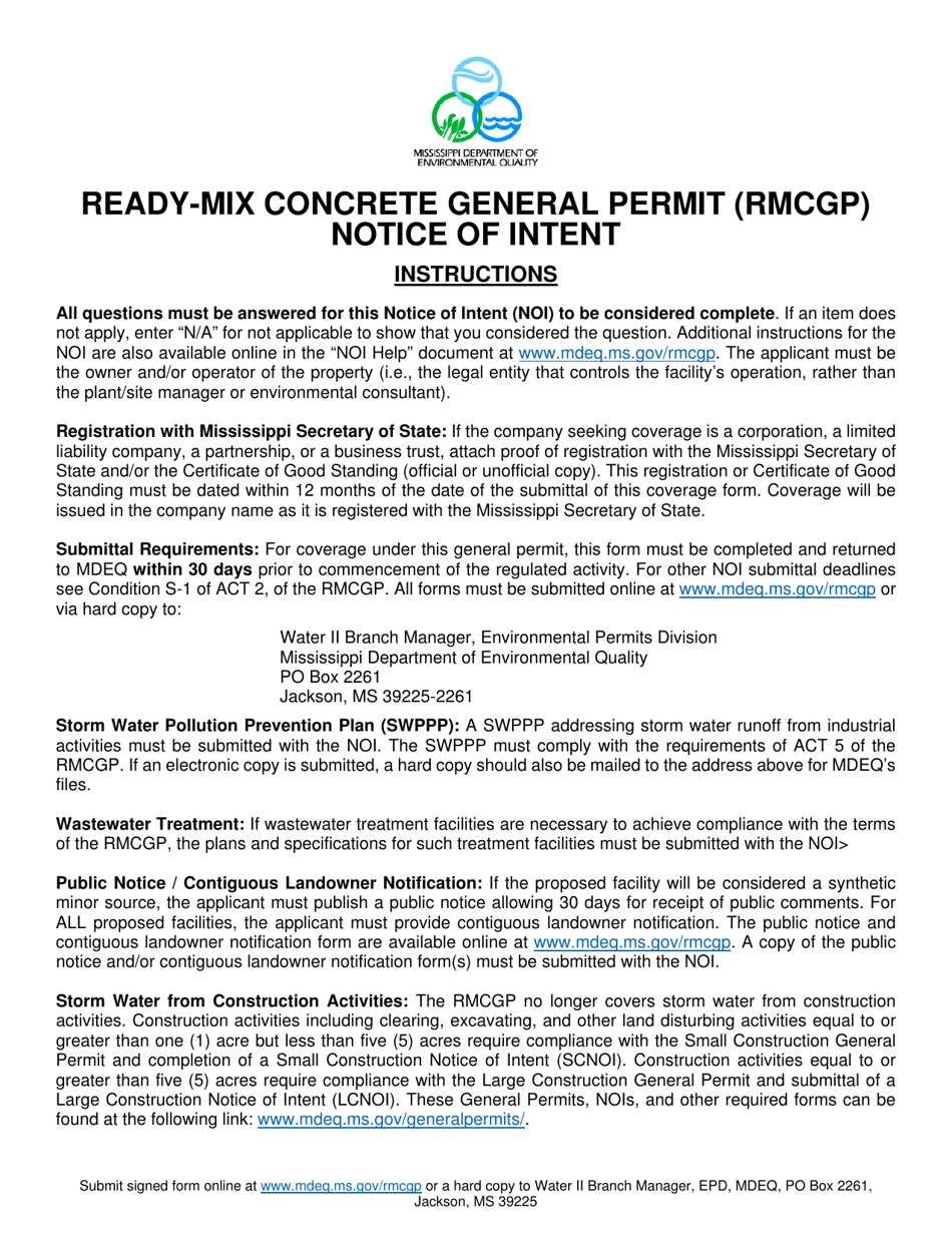 Mississippi Ready-Mix Concrete General Permit (Rmcgp) Notice of Intent ...