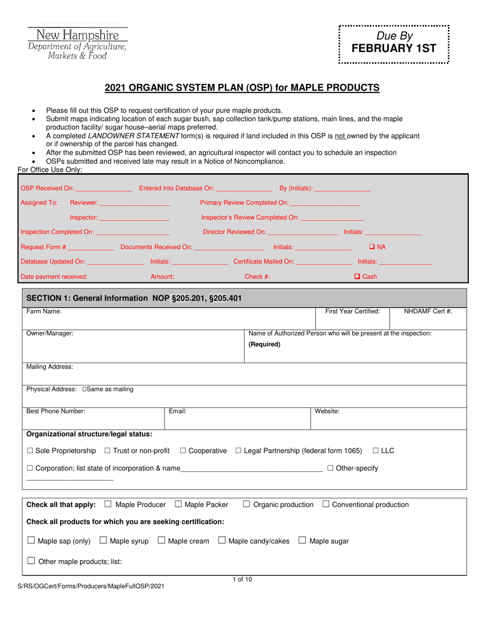 2021 New Hampshire Organic System Plan (Osp) for Maple Products - Fill ...