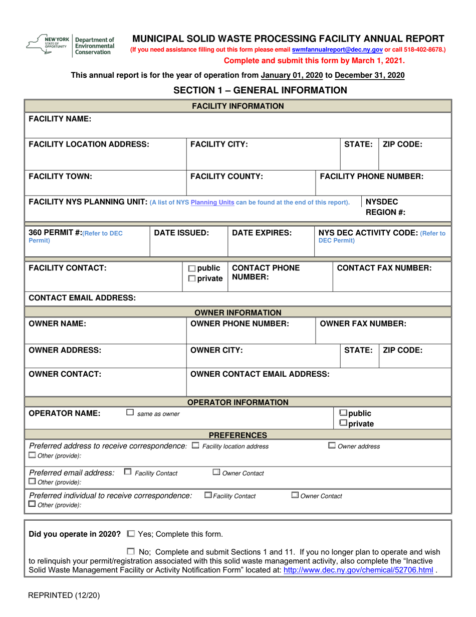 2020 New York Municipal Solid Waste Processing Facility Annual Report ...