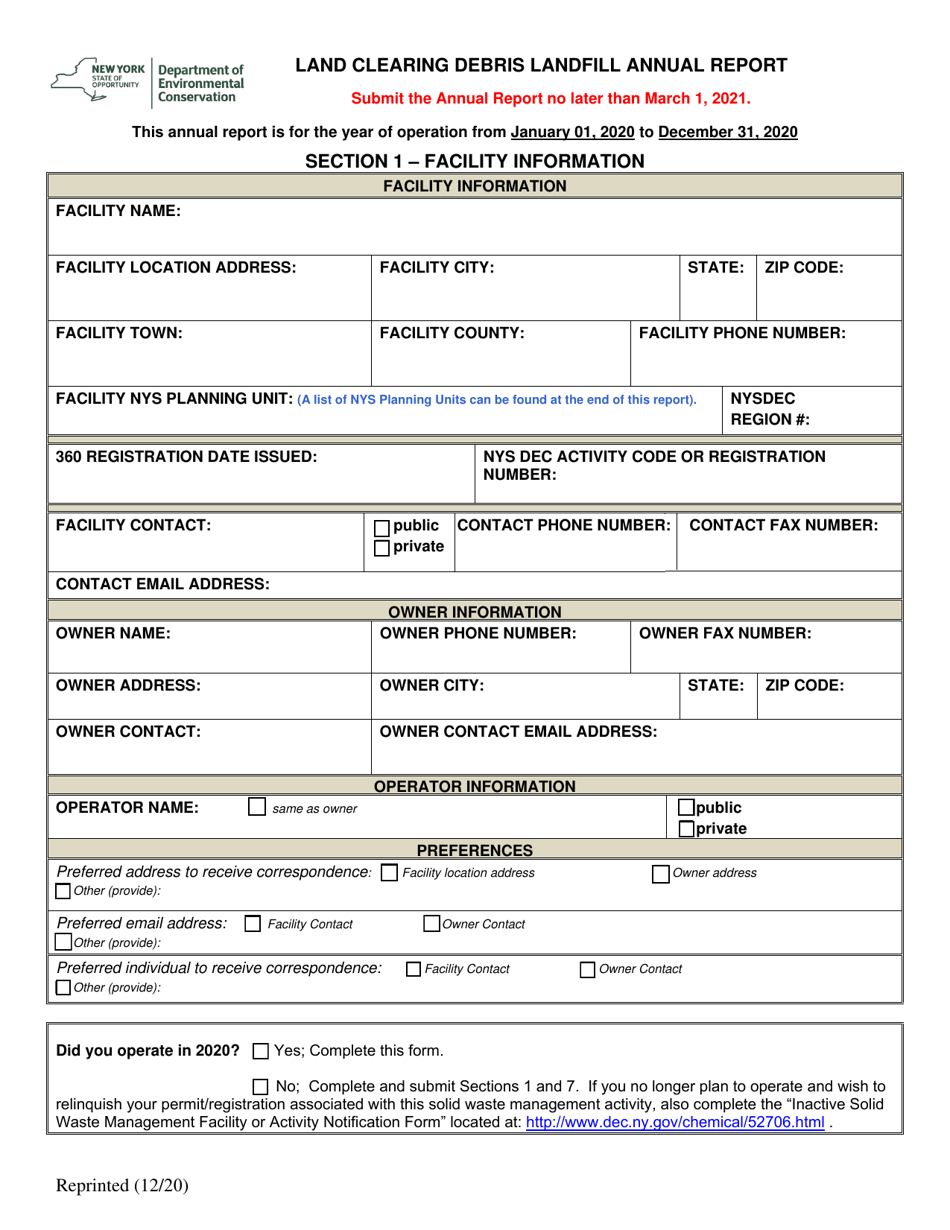 2020 New York Land Clearing Debris Landfill Annual Report - Fill Out ...