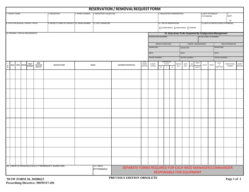 50 SW Form 20 Download Fillable PDF or Fill Online Reservation/Removal ...