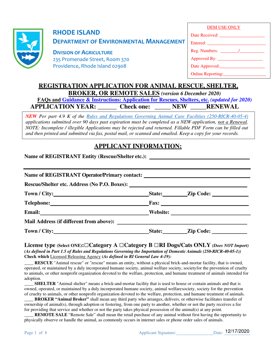 Rhode Island Registration Application for Animal Rescue, Shelter ...