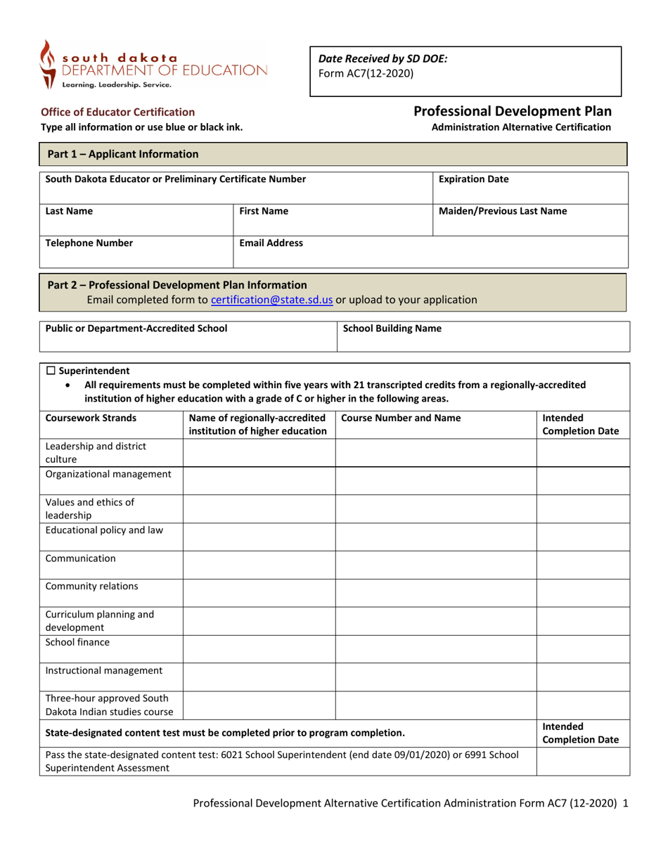 Form AC7 Download Fillable PDF or Fill Online Professional Development ...
