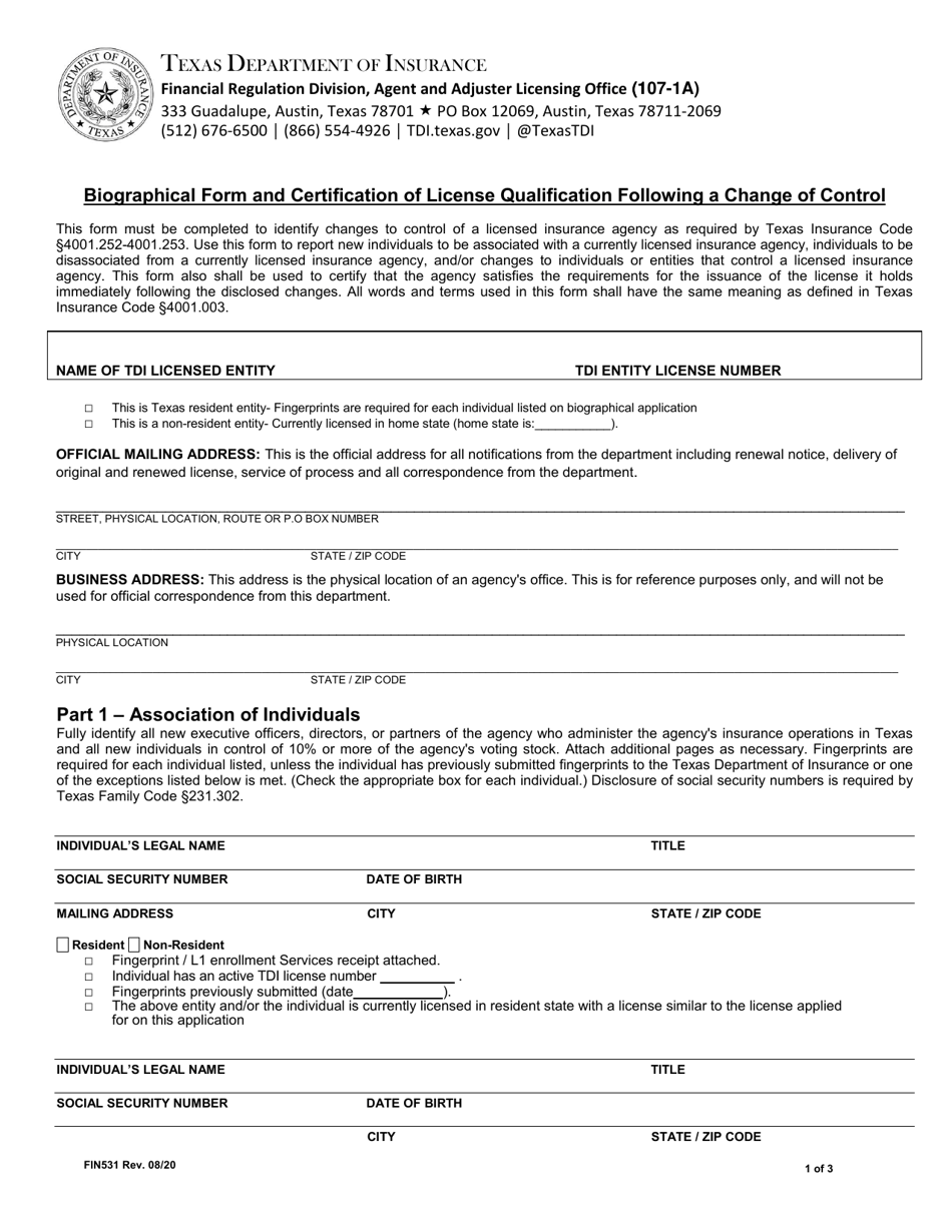 Form FIN531 - Fill Out, Sign Online and Download Fillable PDF, Texas ...