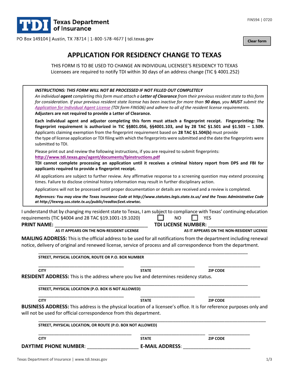 Form FIN594 Download Fillable PDF or Fill Online Application for ...