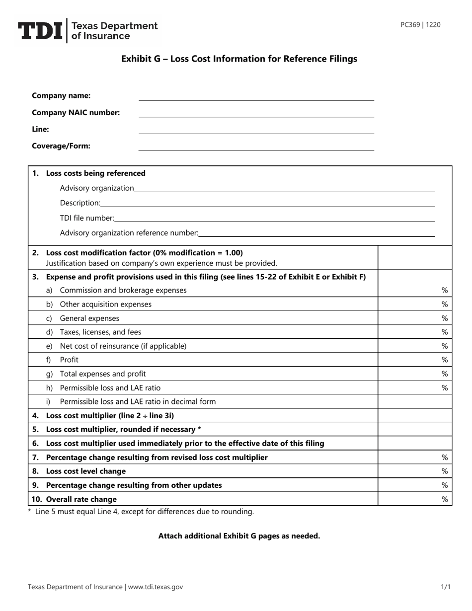 Form PC369 Exhibit G Download Fillable PDF or Fill Online Loss Cost ...