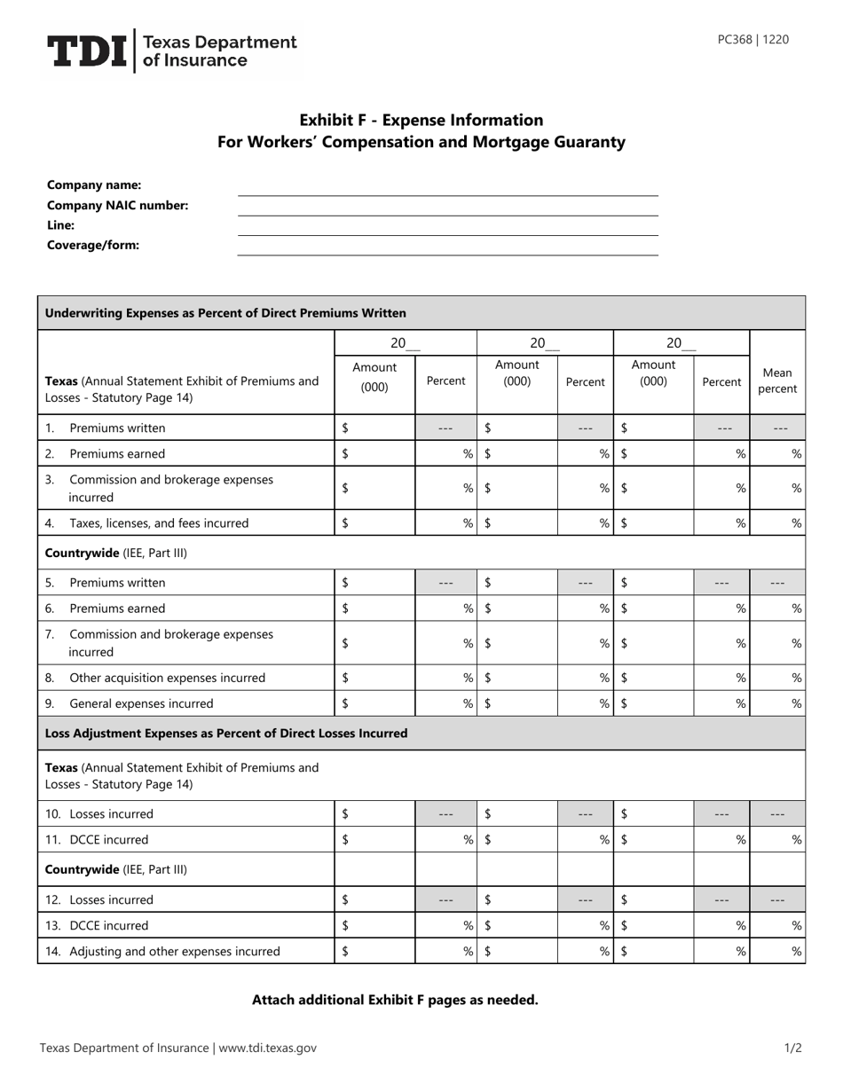 Form PC368 Exhibit F Download Fillable PDF or Fill Online Expense ...