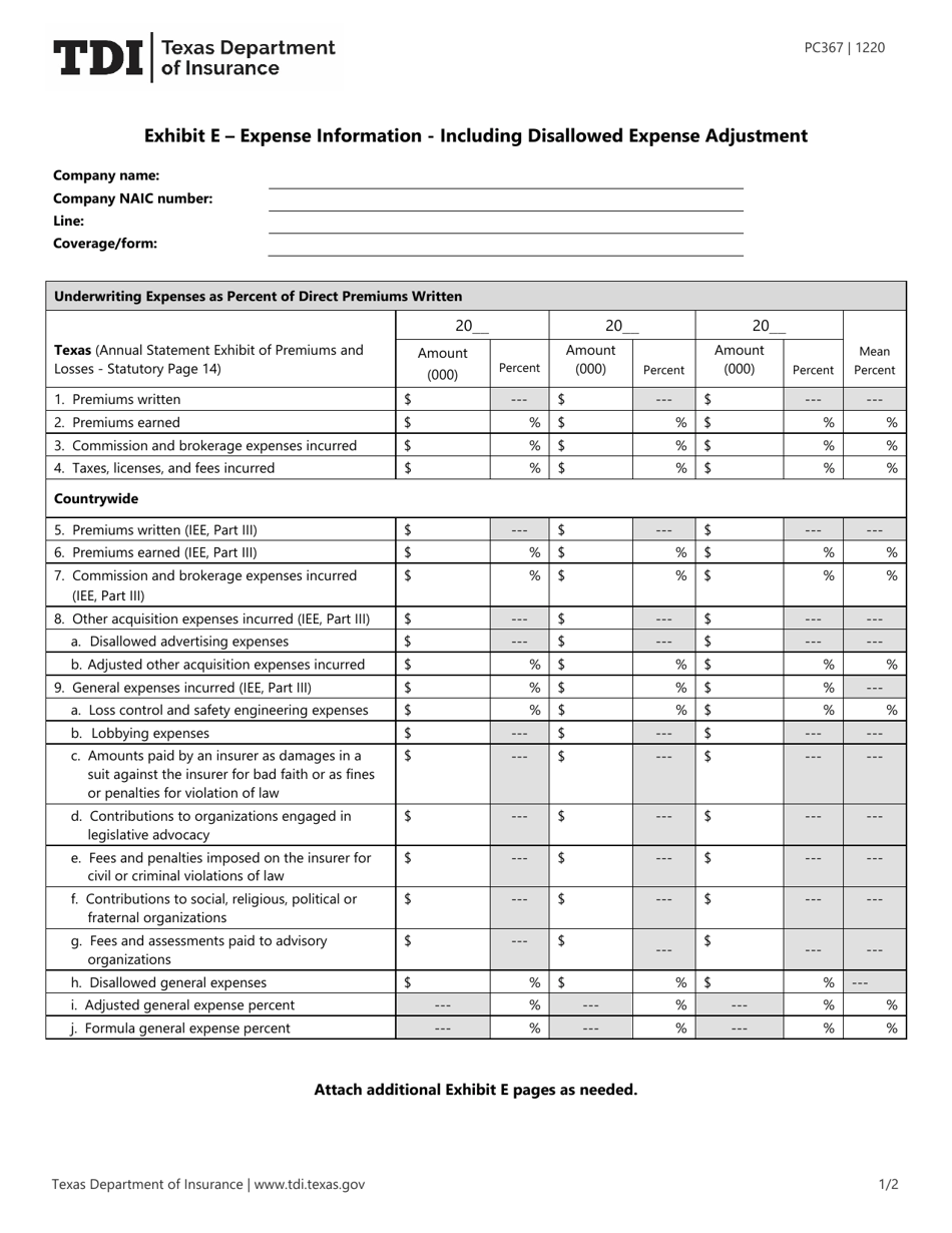 Form PC367 Exhibit E Download Fillable PDF or Fill Online Expense ...