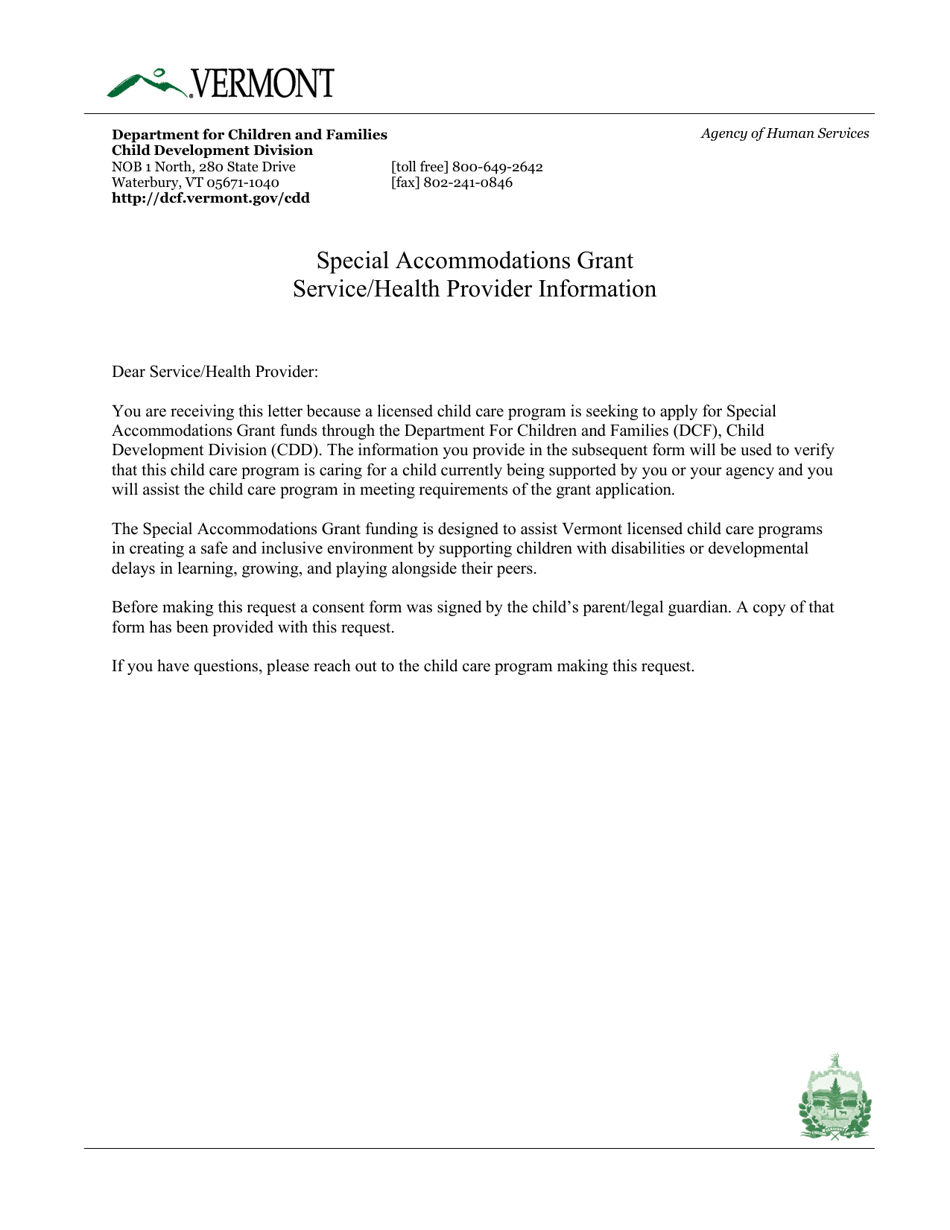 Vermont Special Accommodations Grant Application Service/Health ...