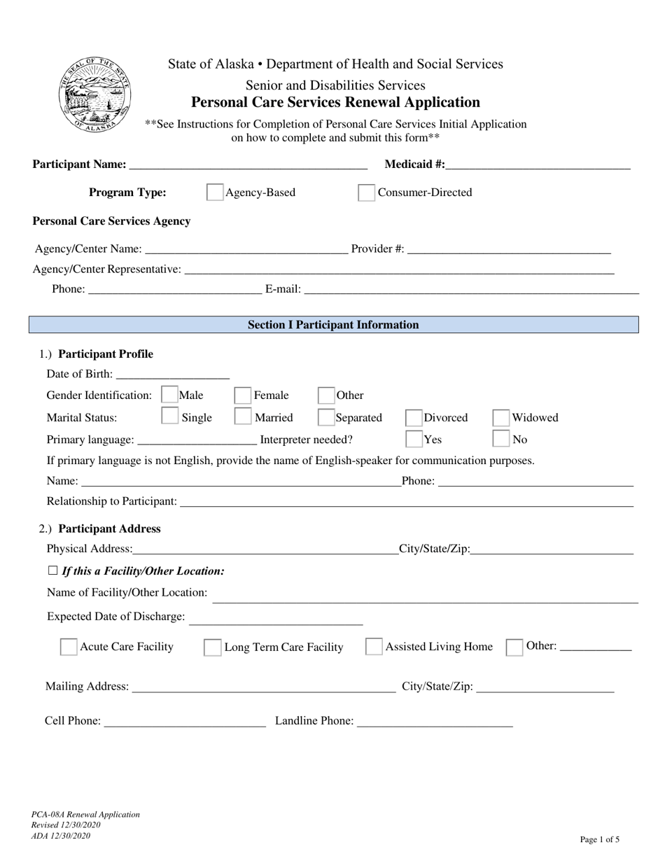 Form PCA-08A Download Fillable PDF or Fill Online Personal Care ...