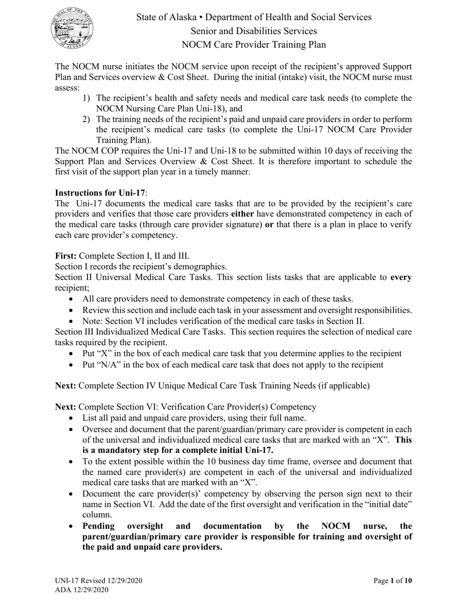 Form UNI-17 Download Fillable PDF or Fill Online Nocm Care Provider ...