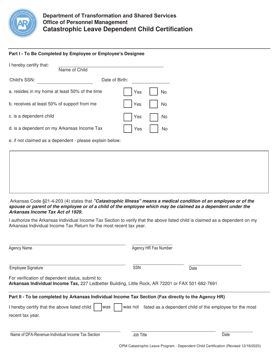 Arkansas Catastrophic Leave Dependent Child Certification - Fill Out ...