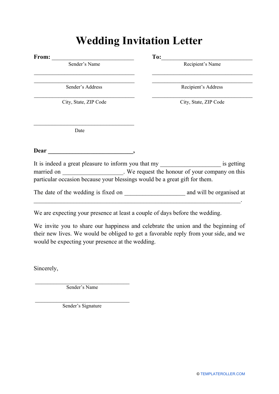 Wedding Invitation Letter Template Download Printable PDF Templateroller