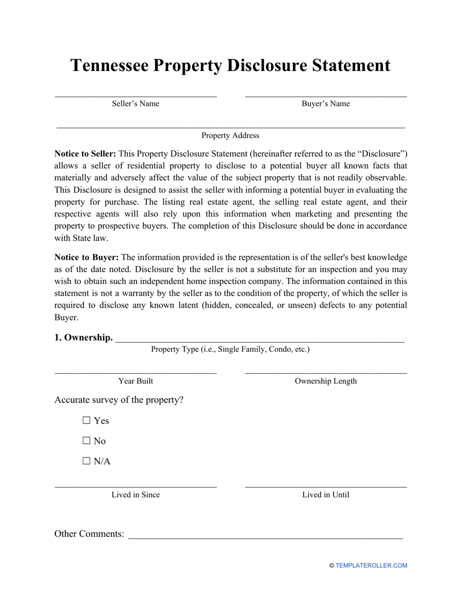 Tennessee Property Disclosure Statement Form - Fill Out, Sign Online ...