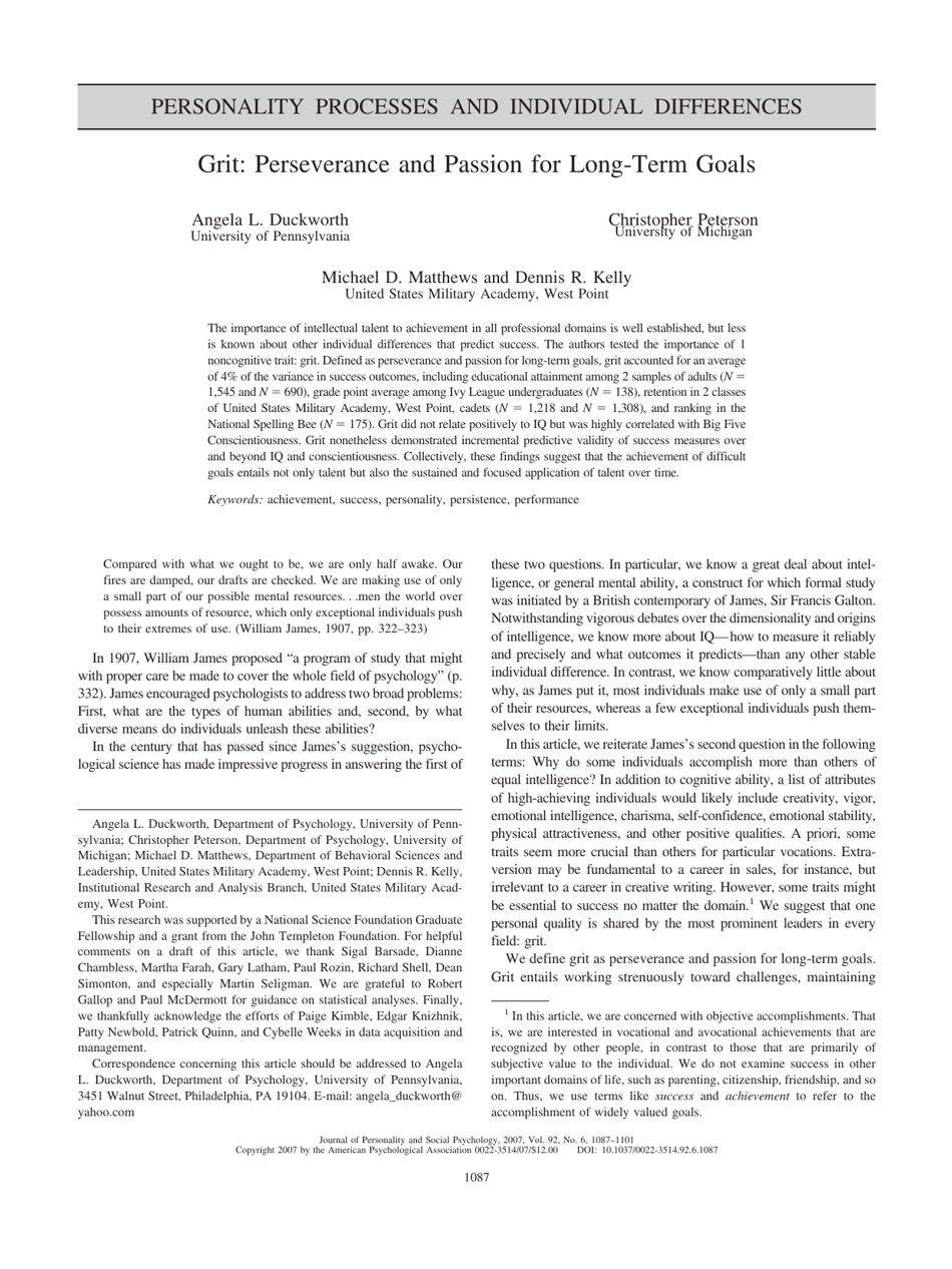 Grit: Perseverance and Passion for Long-Term Goals - Journal of ...