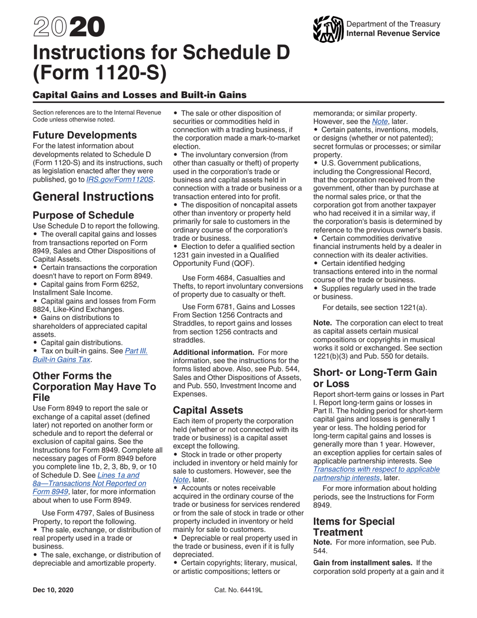 Download Instructions for IRS Form 1120-S Schedule D Capital Gains and Losses and Built-In Gains ...