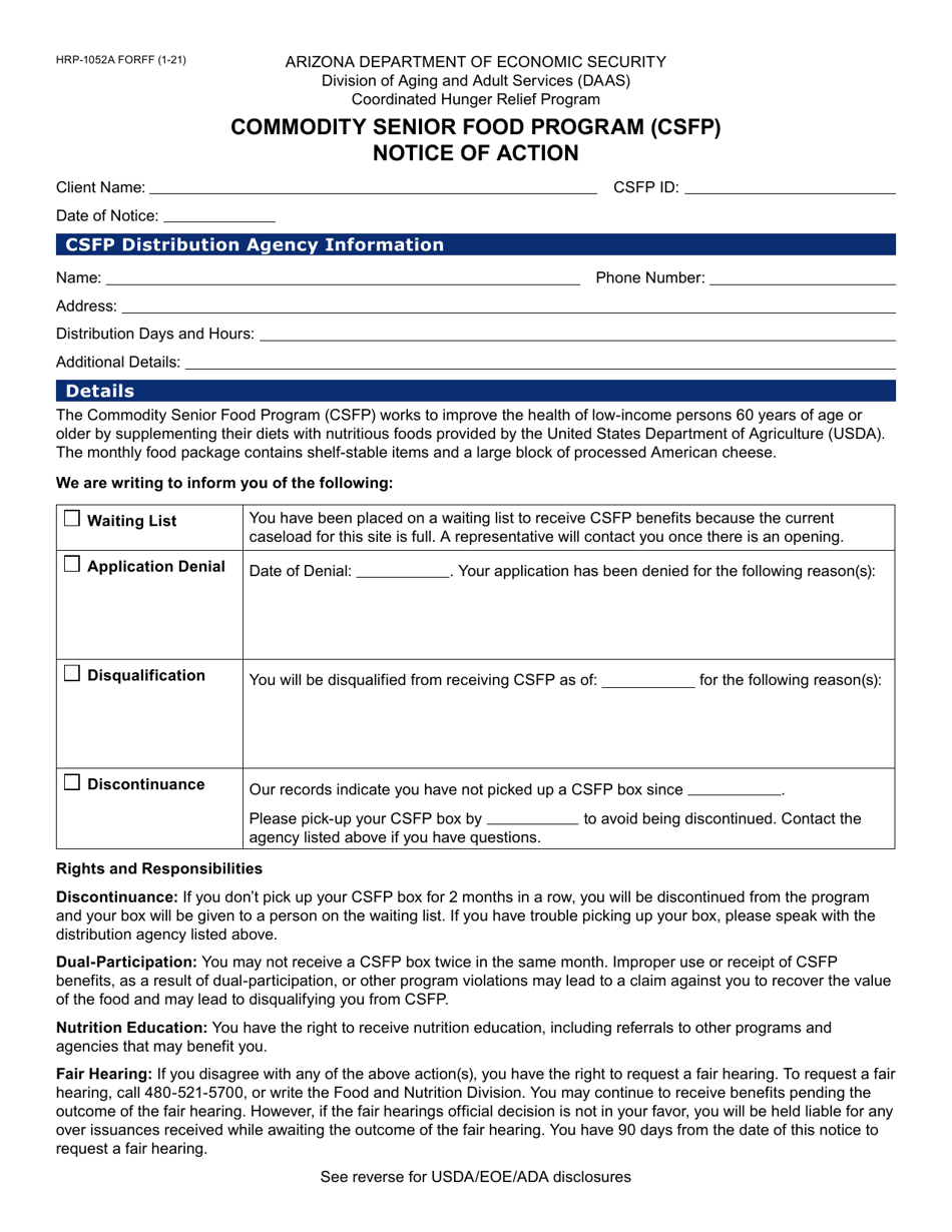 Form HRP-1052A Download Fillable PDF or Fill Online Commodity Senior ...