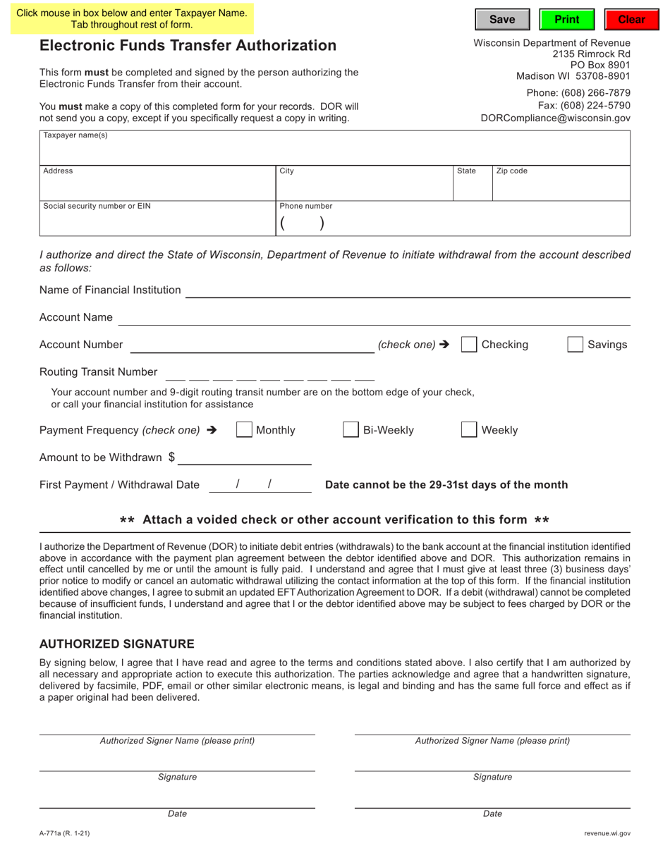 Form A-771A Download Fillable PDF or Fill Online Electronic Funds ...