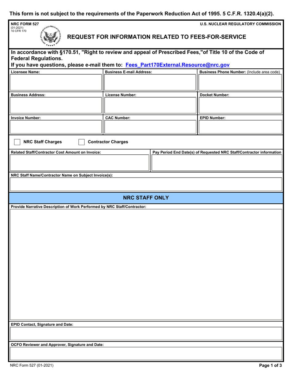 NRC Form 527 Download Fillable PDF or Fill Online Request for ...