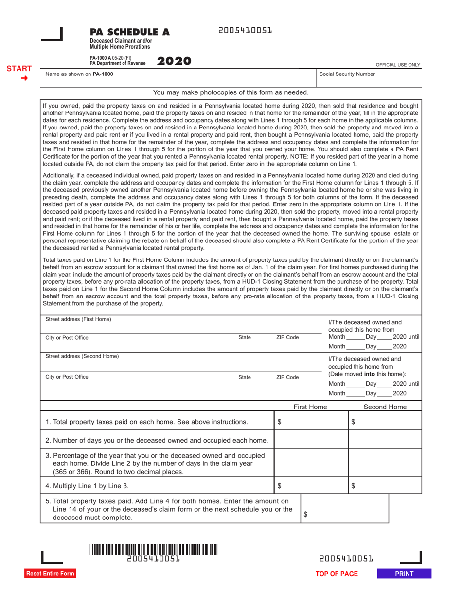 Form PA-1000 A Schedule A Download Fillable PDF or Fill Online Deceased ...