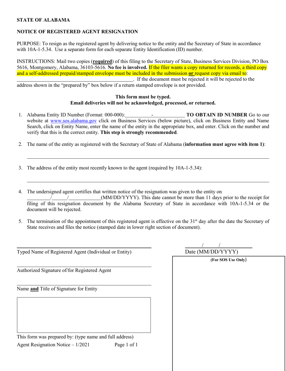 Alabama Notice of Registered Agent Resignation Download Fillable PDF ...