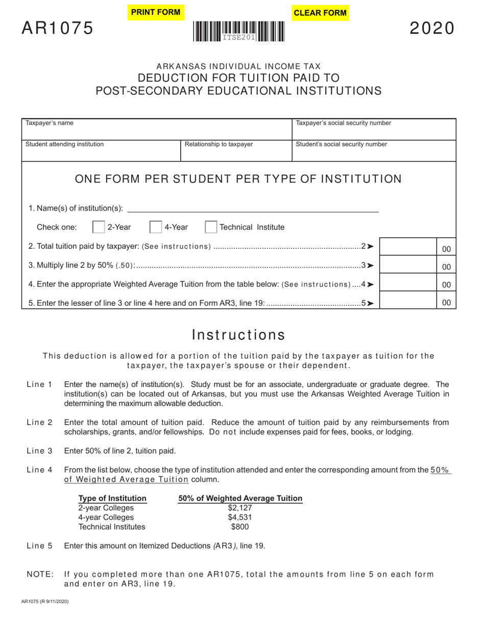 Form AR1075 Download Fillable PDF or Fill Online Deduction for Tuition ...