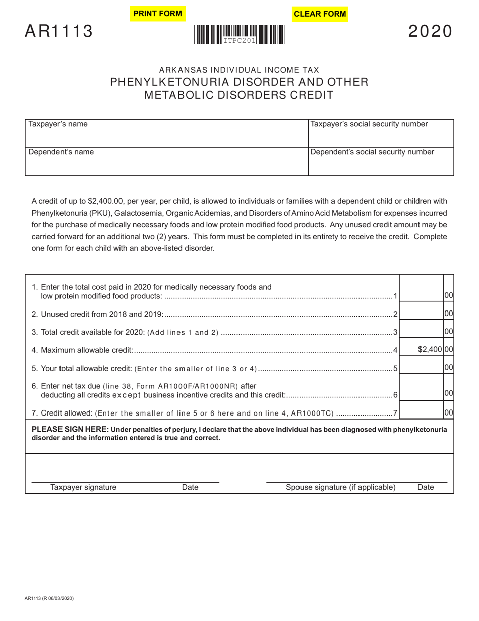 Form AR1113 Download Fillable PDF or Fill Online Phenylketonuria ...
