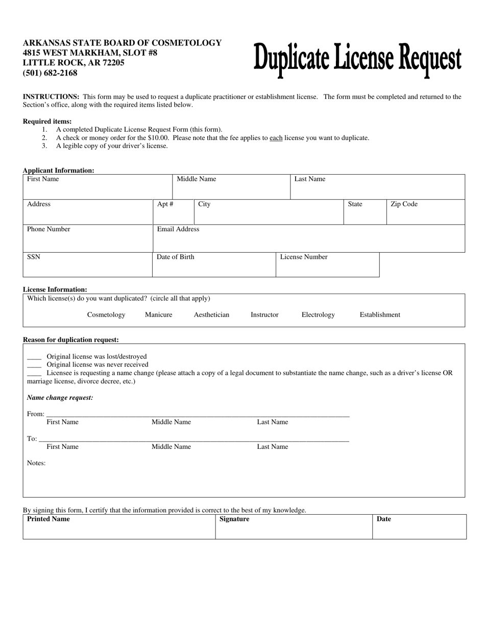 Arkansas Duplicate License Request - Fill Out, Sign Online and Download ...