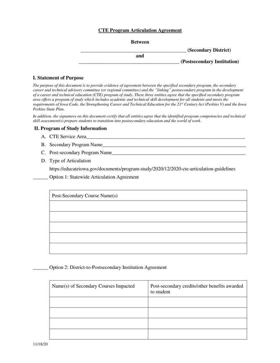 Iowa Cte Program Articulation Agreement - Fill Out, Sign Online and Download PDF | Templateroller