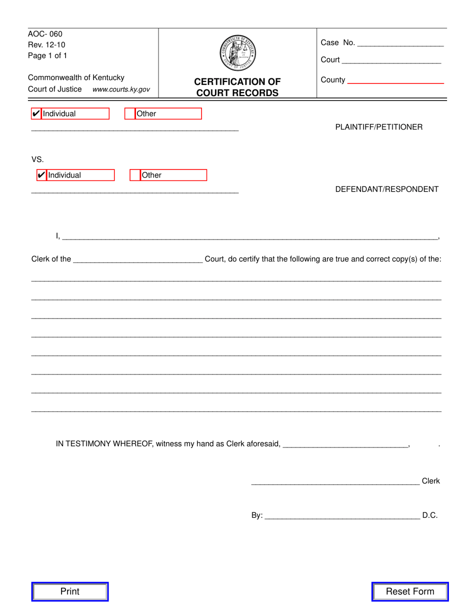 Form AOC-60 - Fill Out, Sign Online and Download Fillable PDF, Kentucky ...