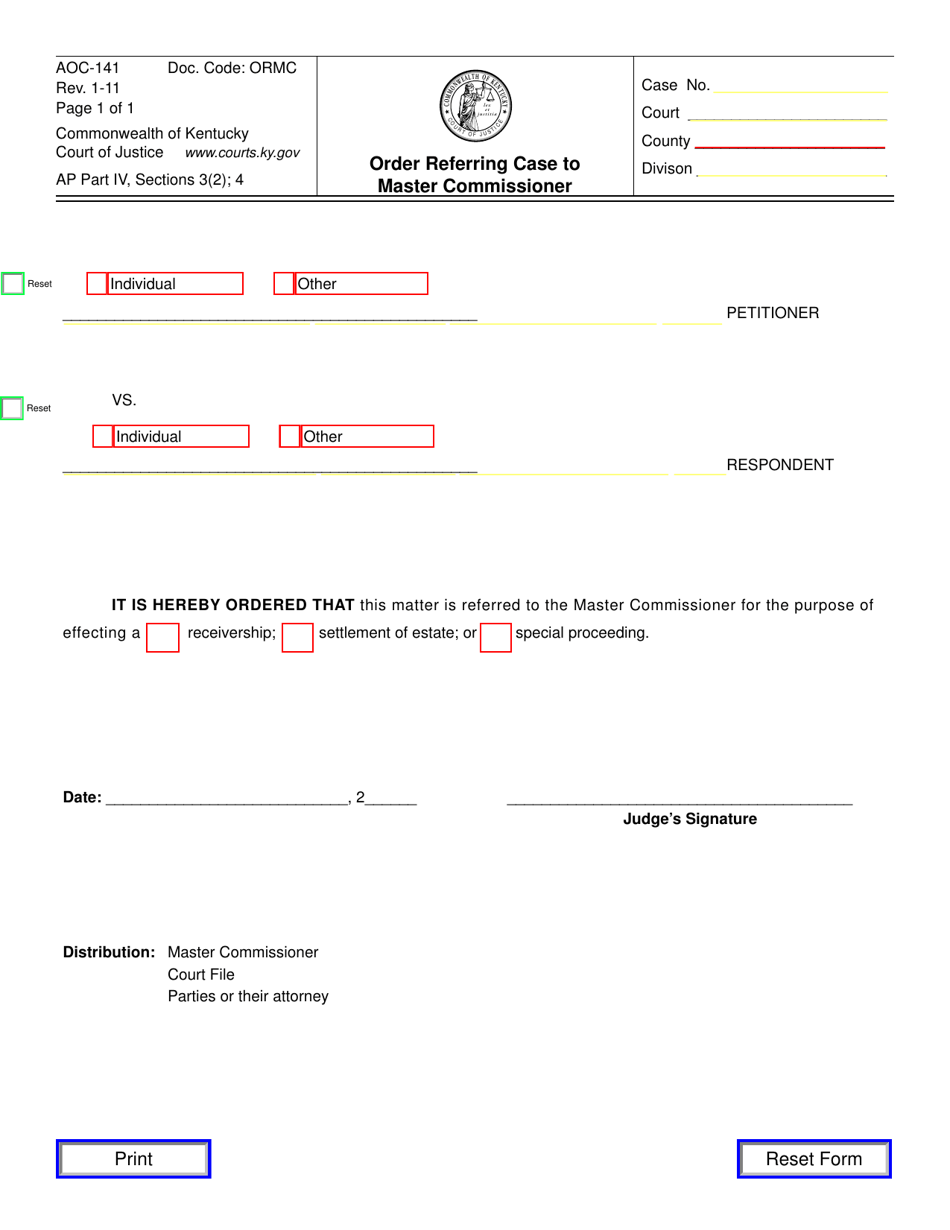 Form AOC-141 - Fill Out, Sign Online and Download Fillable PDF, Kentucky | Templateroller