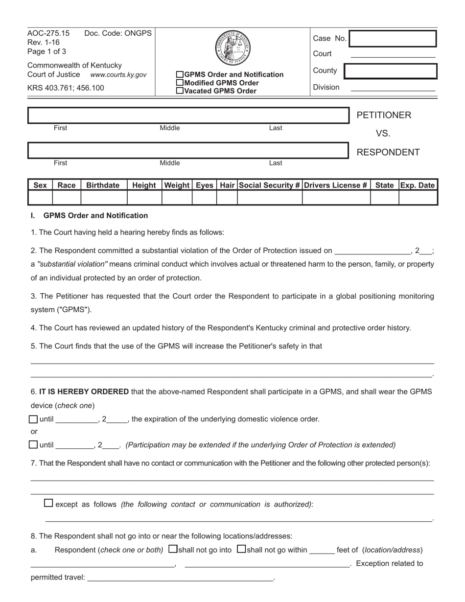 Form AOC-275.15 - Fill Out, Sign Online and Download Fillable PDF, Kentucky | Templateroller