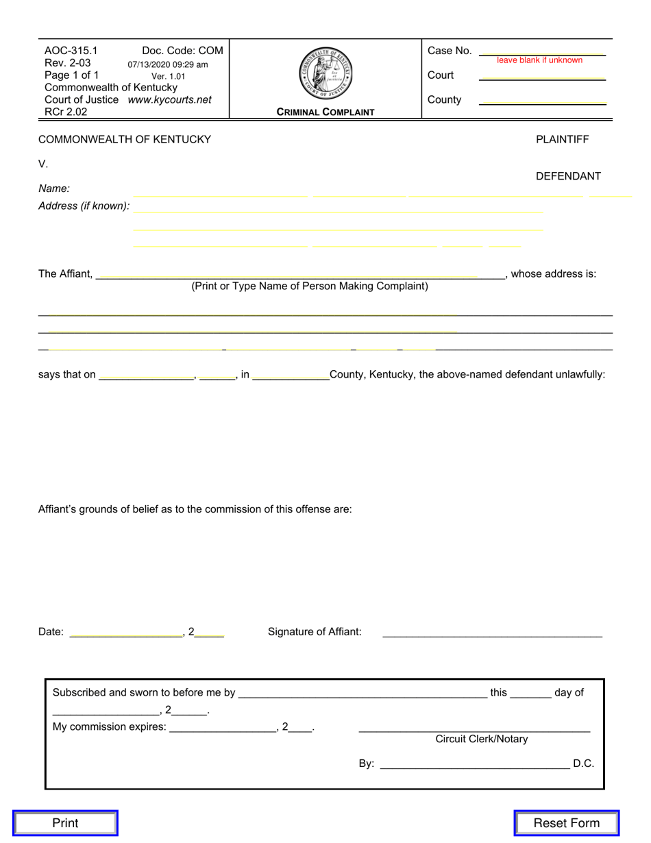 Form AOC-315.1 - Fill Out, Sign Online and Download Fillable PDF ...