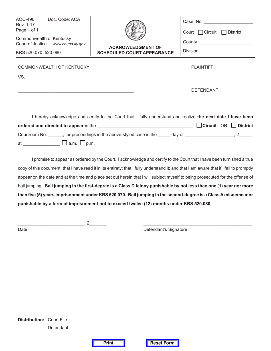 Form AOC-490 Download Fillable PDF or Fill Online Acknowledgment of ...
