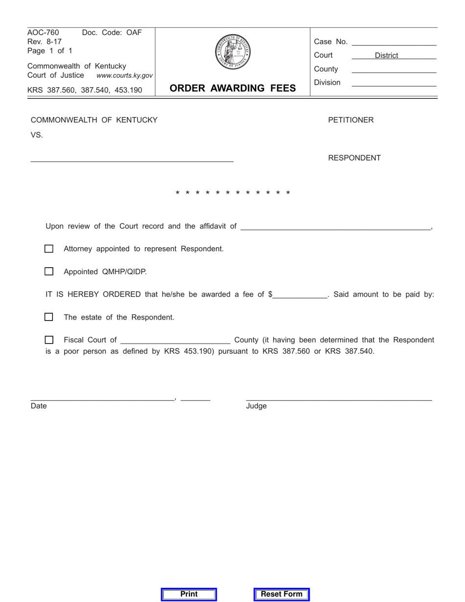 Form AOC-760 - Fill Out, Sign Online and Download Fillable PDF, Kentucky | Templateroller
