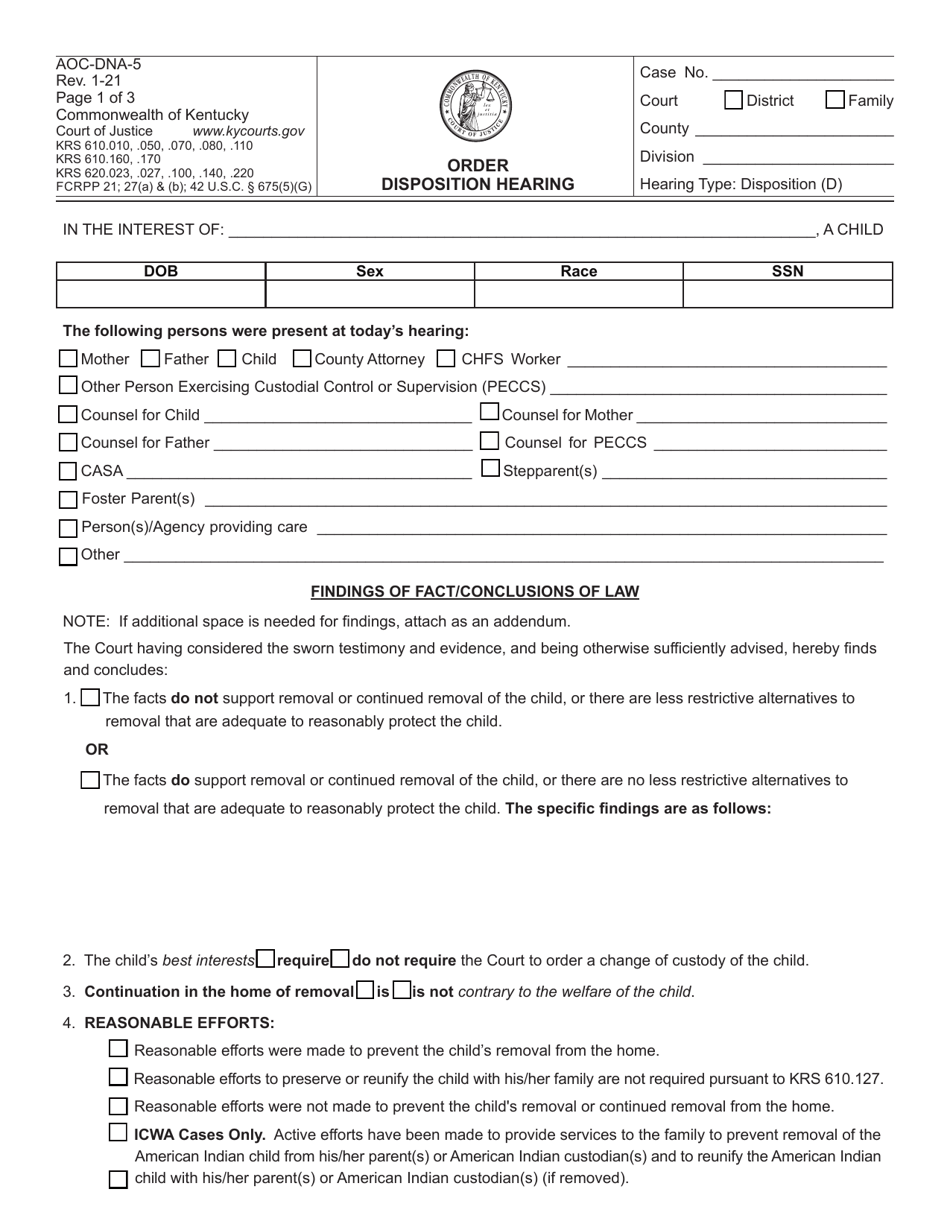 Form AOC-DNA-5 - Fill Out, Sign Online and Download Fillable PDF, Kentucky | Templateroller
