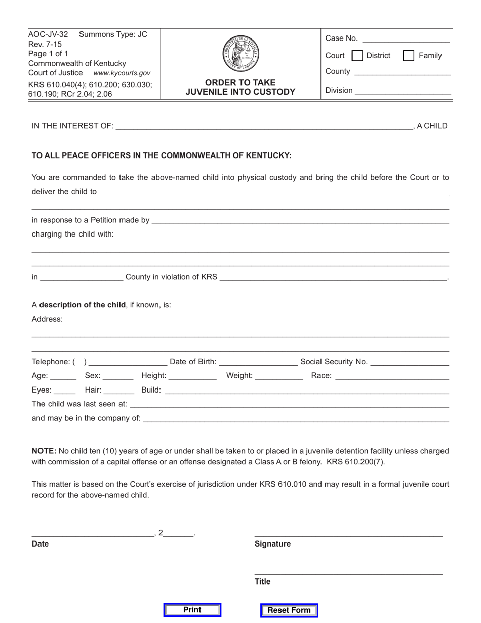 Form AOC-JV-32 - Fill Out, Sign Online and Download Fillable PDF, Kentucky | Templateroller