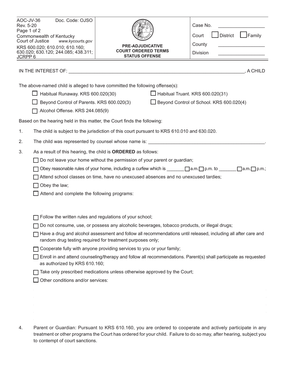 Form AOC-JV-36 - Fill Out, Sign Online and Download Fillable PDF, Kentucky | Templateroller