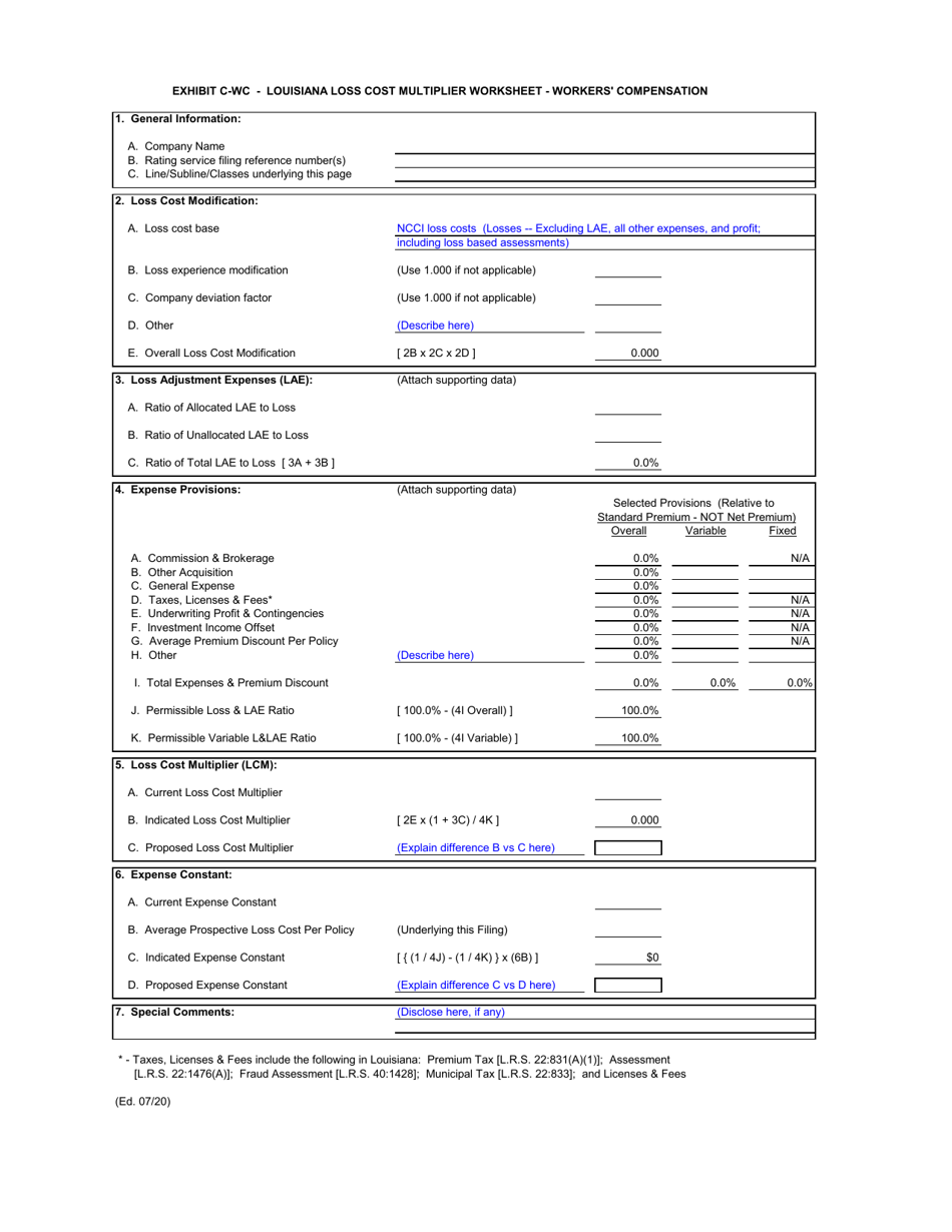 Louisiana Louisiana Loss Cost Multiplier Worksheet - Workers ...